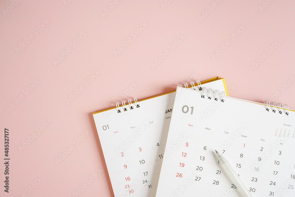 white open calendar and pen on sweet pink background, top view, for ...