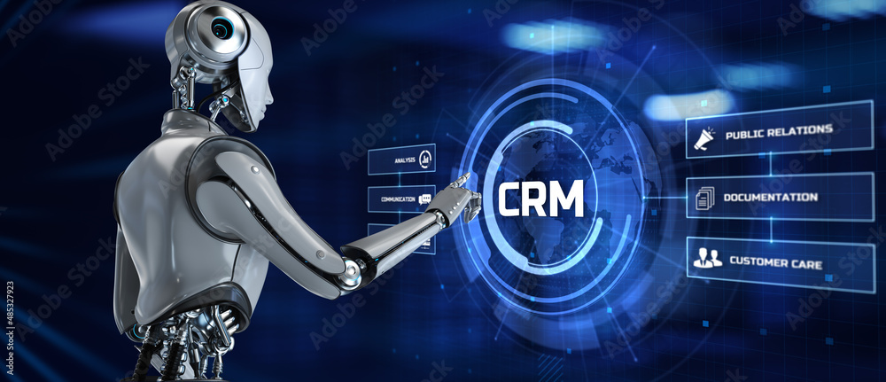 CRM customer relationship management automation RPA concept. Robot ...