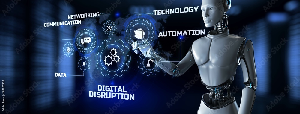 Digital disruption transformation disruptive innovation concept. Robot ...