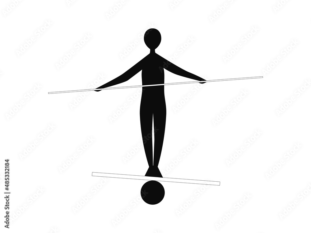Silhouette of man is balancing with pole. Minimalist figure keeps ...