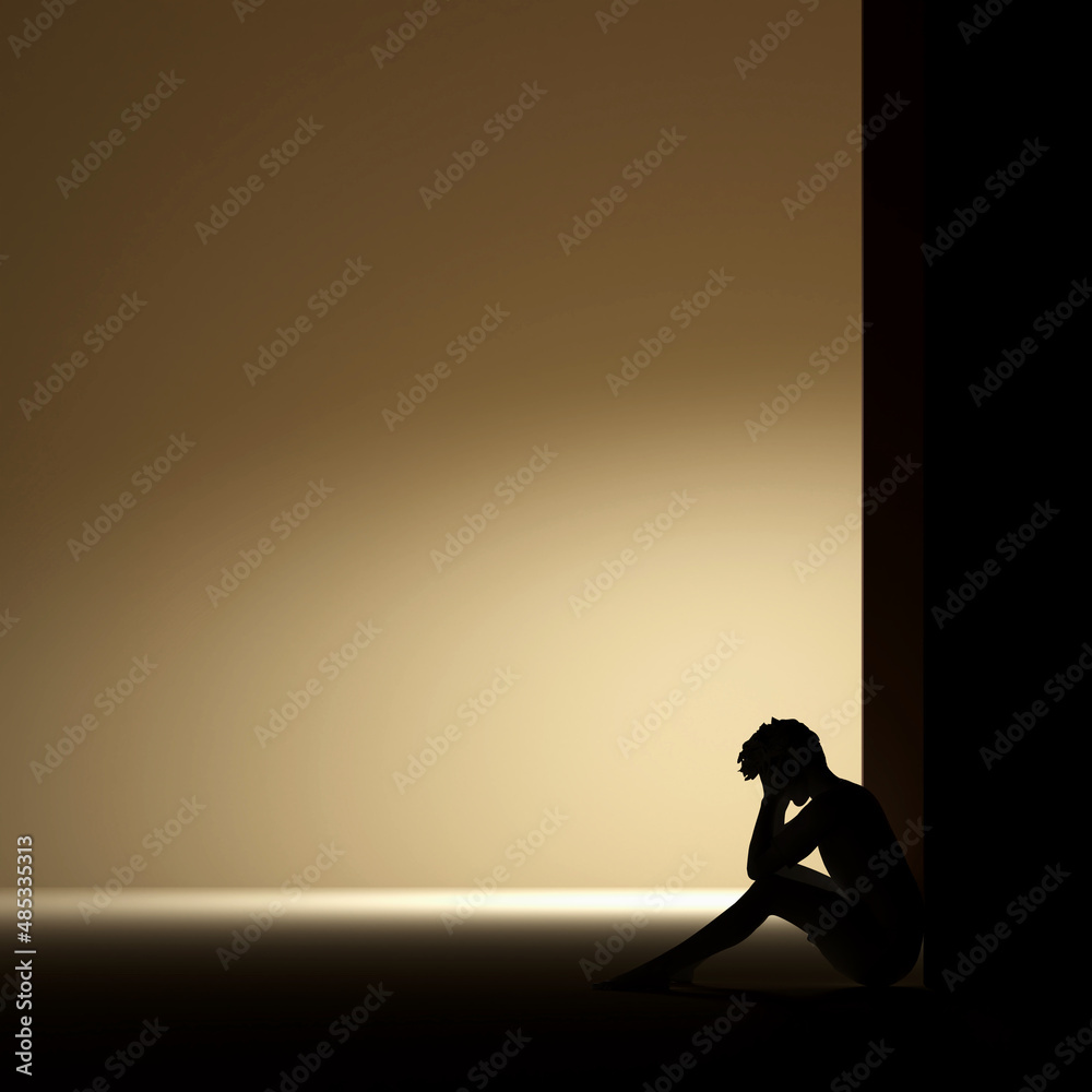 sad man sitting in a room where the light shines on the walls, 3D ...