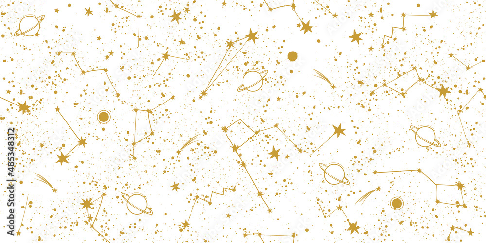 Magical seamless pattern with golden constellations and stars on a ...