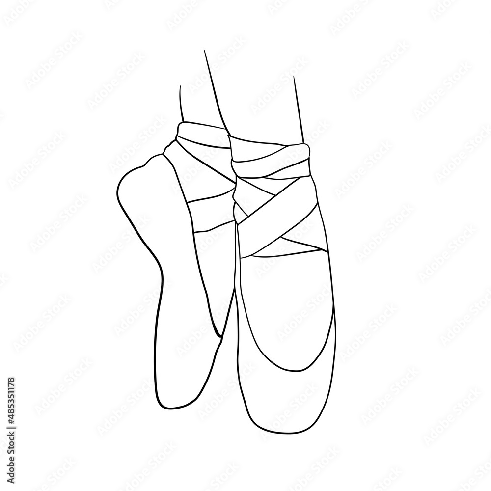 Ballet shoes illustration on white background. Ballet slippers line art ...