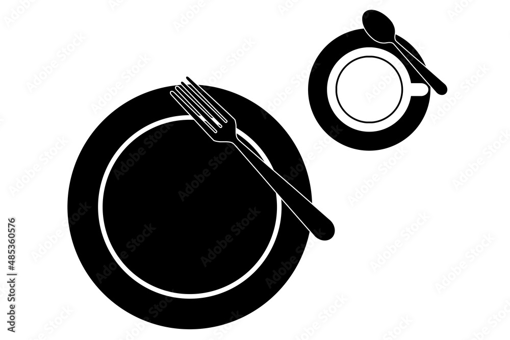 Plate, saucer, cup and cutlery, symbol for menu, cafe or restaurant ...