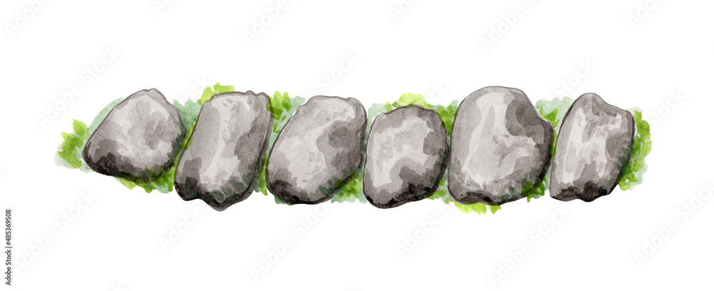 Watercolor stones on the grass. Natural stone texture. Round gray ...