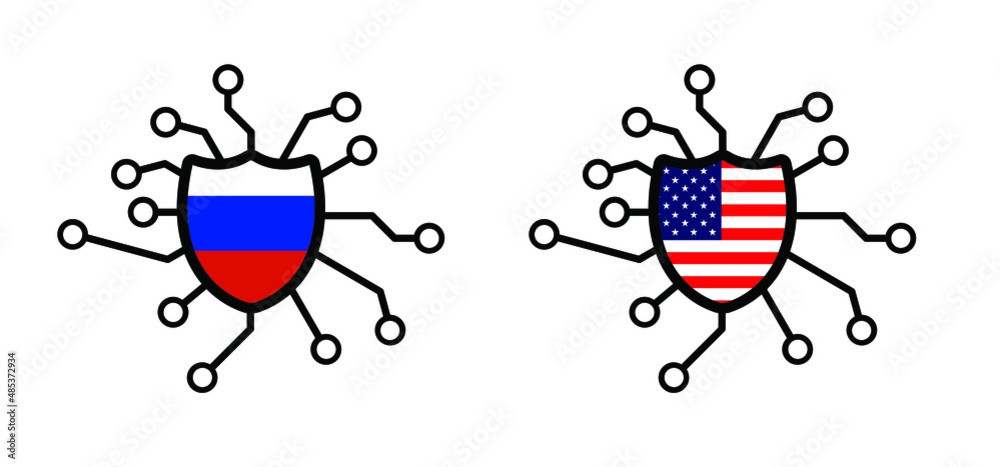Stockvector Hybrid war and warfare, DDoS attack. Cyber war, America and ...
