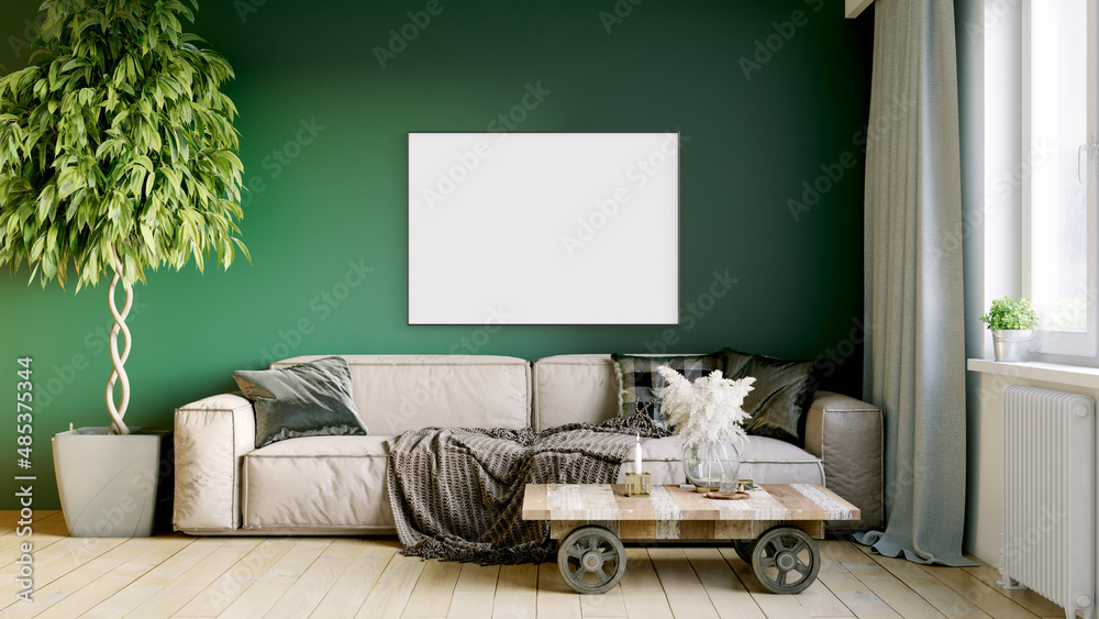 Modern interior of a room with an empty painting. Sofa and large window ...