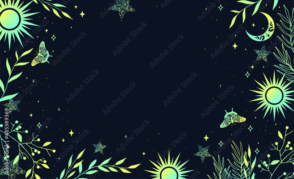 Magic green background with moon and sun, crescent, butterfly and herbs ...