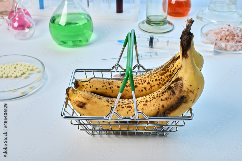 Bananas in metal basket - labs photo. Two yellow ripe bananas in ...
