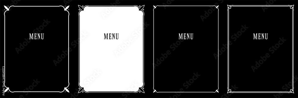 Restaurant menu cover. Simple vintage vector border frames. Black and ...