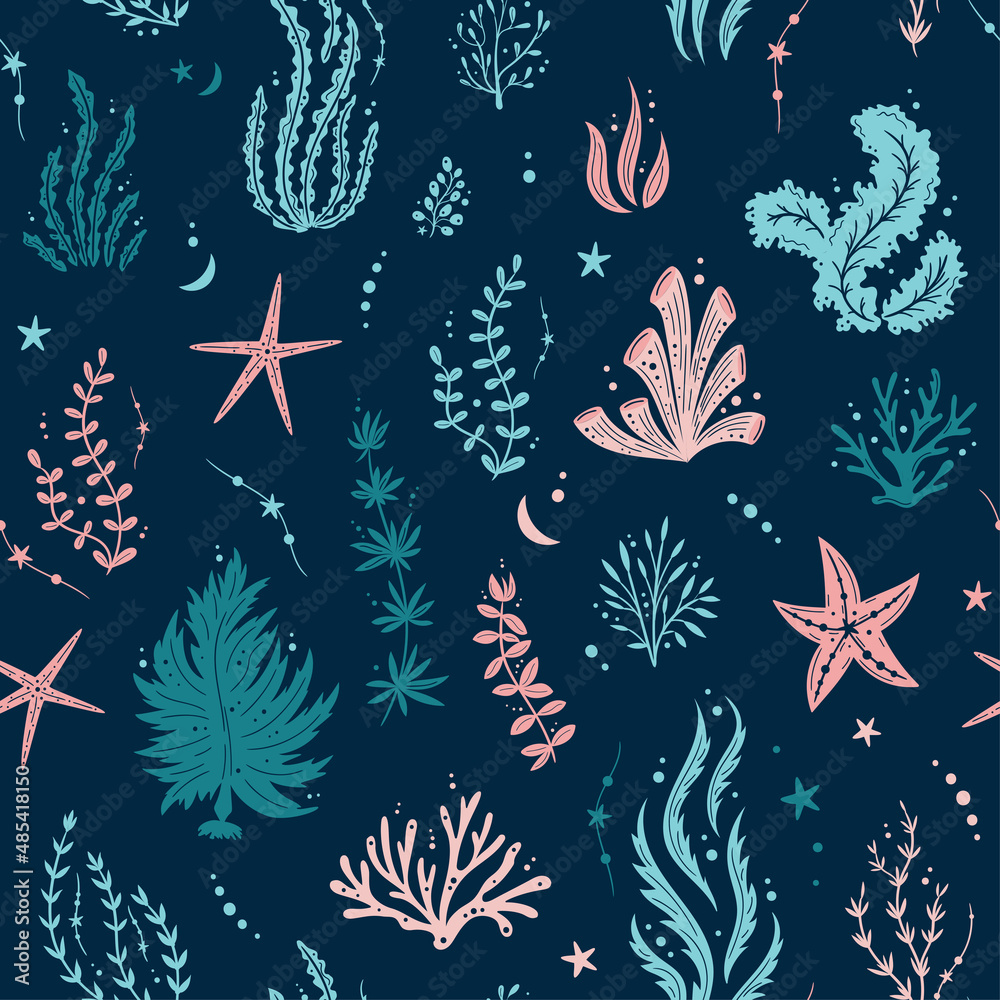 Seamless pattern with seaweed, corals and starfishes. Marine dark blue ...
