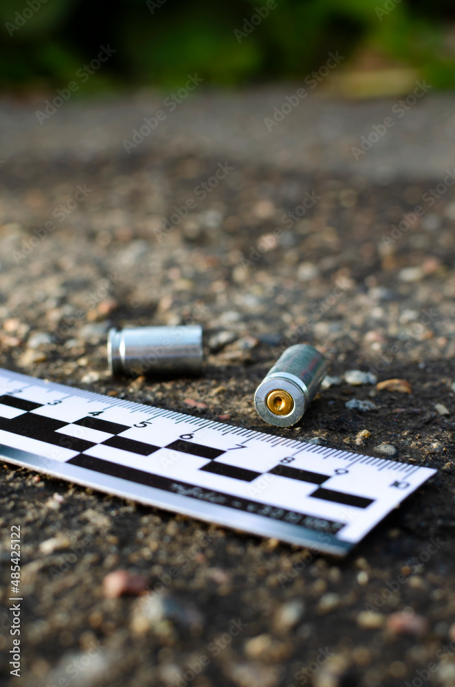 pistol case at the crime scene. forensic ruler Stock Photo | Adobe Stock