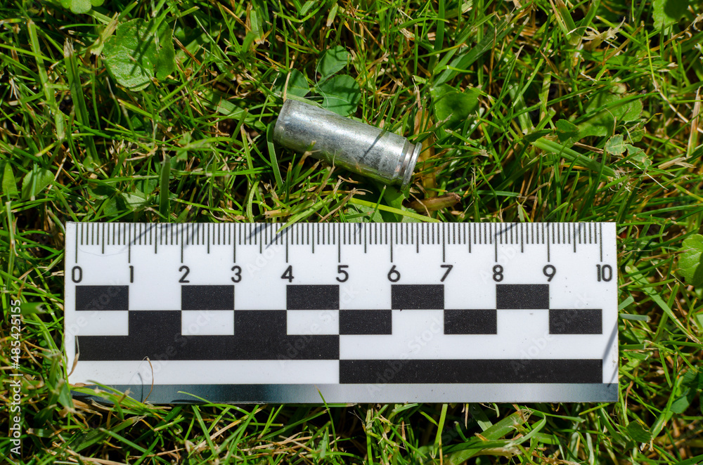 pistol case at the crime scene. forensic ruler Stock Photo | Adobe Stock