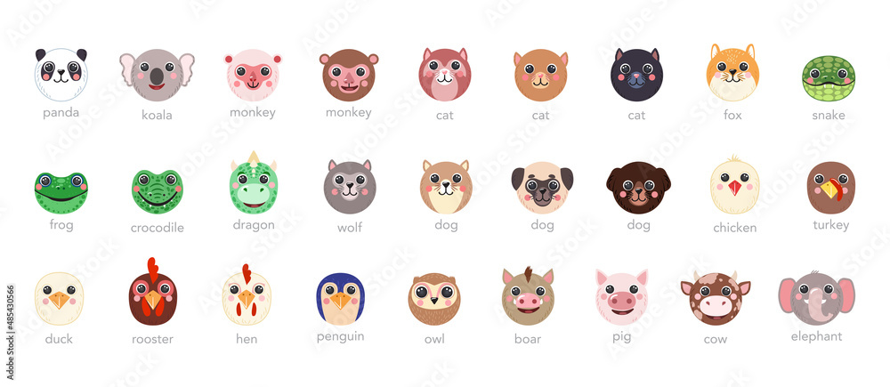 Round Animals Set Cute portraits cartoon illustration flat vector dog ...