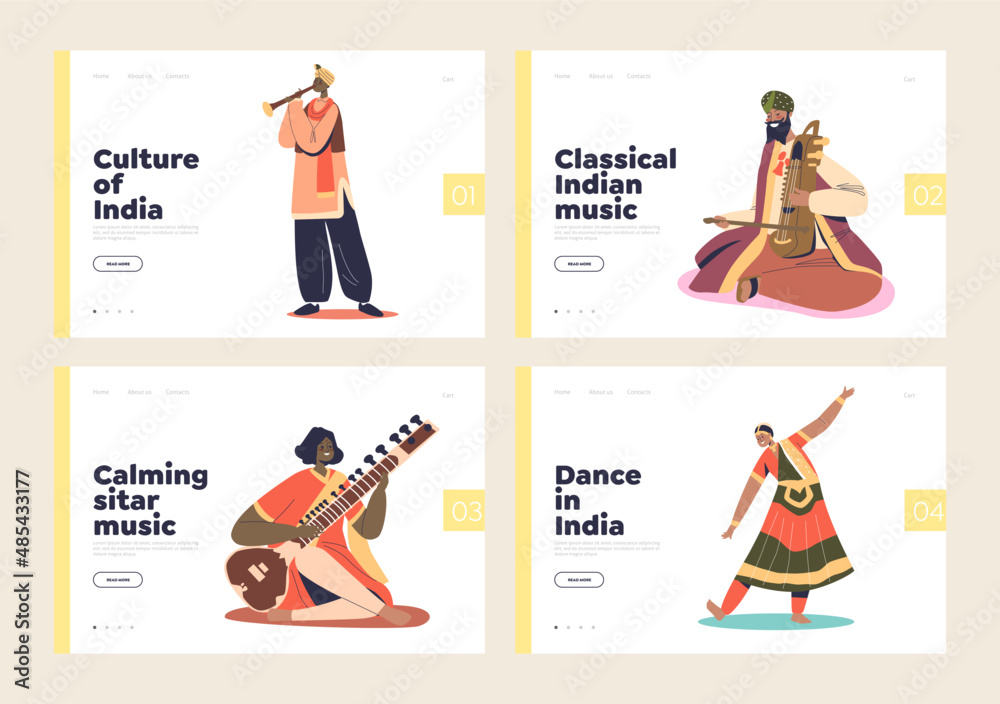 Indian artists, culture, dance and music concept of landing pages set ...