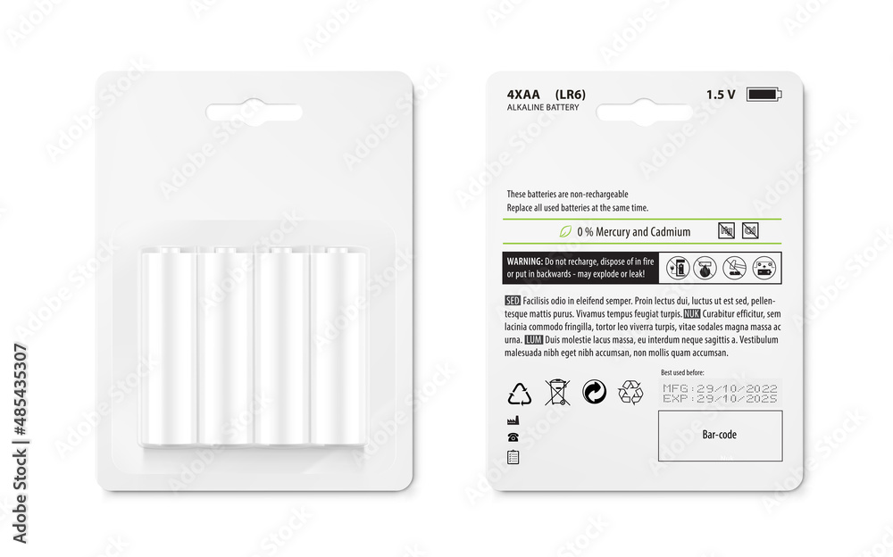 A set of mockups of battery packs with text. Front and rear side ...