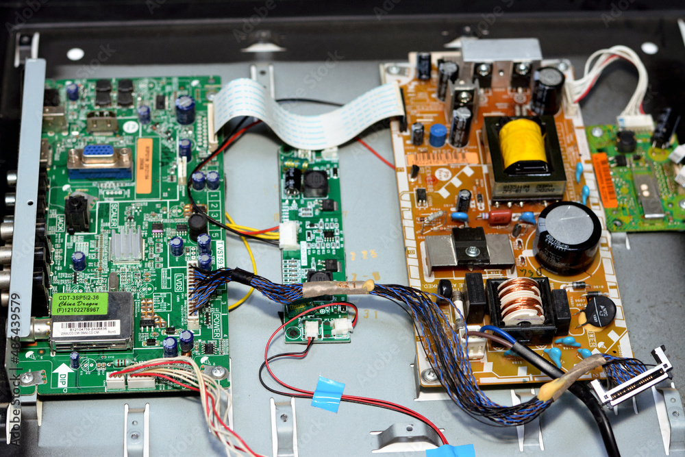 interior of LED TV Television main board that contains wires ...