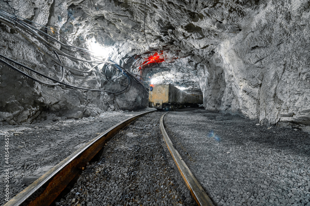 Underground mine. Underground railway for transporting ore. Mine ...