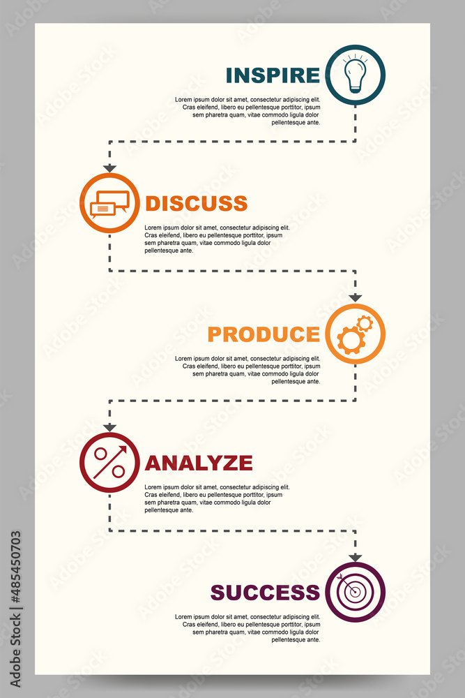 Progressive business vertical template with 5 stages flowchart. Startup ...