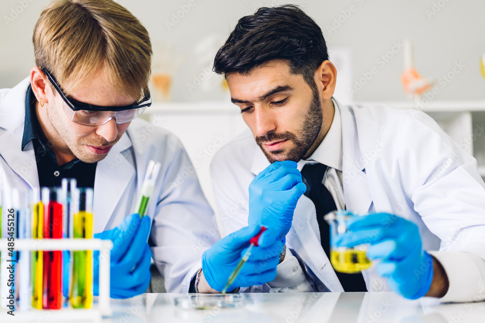 Professional two scientist man research and working doing a chemical ...