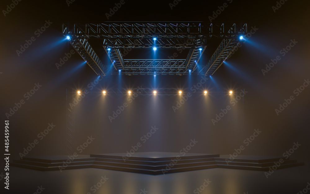 Empty stage with lighting equipment on a stage. Spotlight shines on the ...