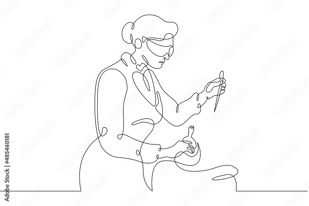One continuous line.Laboratory assistant in the laboratory. The ...