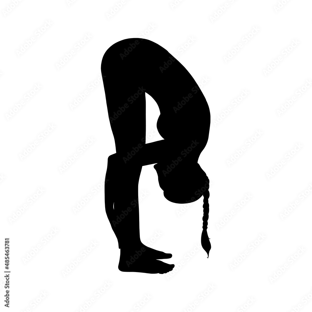 Flexible yogi woman silhouette. Hatha yoga forward fold pose. Vector ...