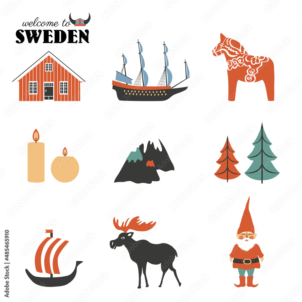 Swedish vector traditional symbols, Vasa Sailer, Tomtar elf ...