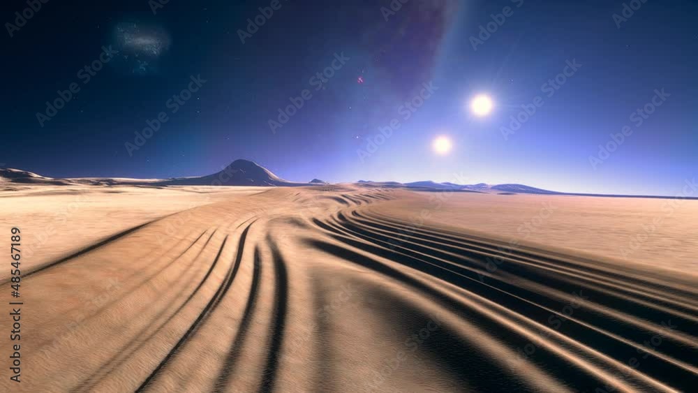 Cinematic flight along the desert of a rocky exoplanet of a binary star ...