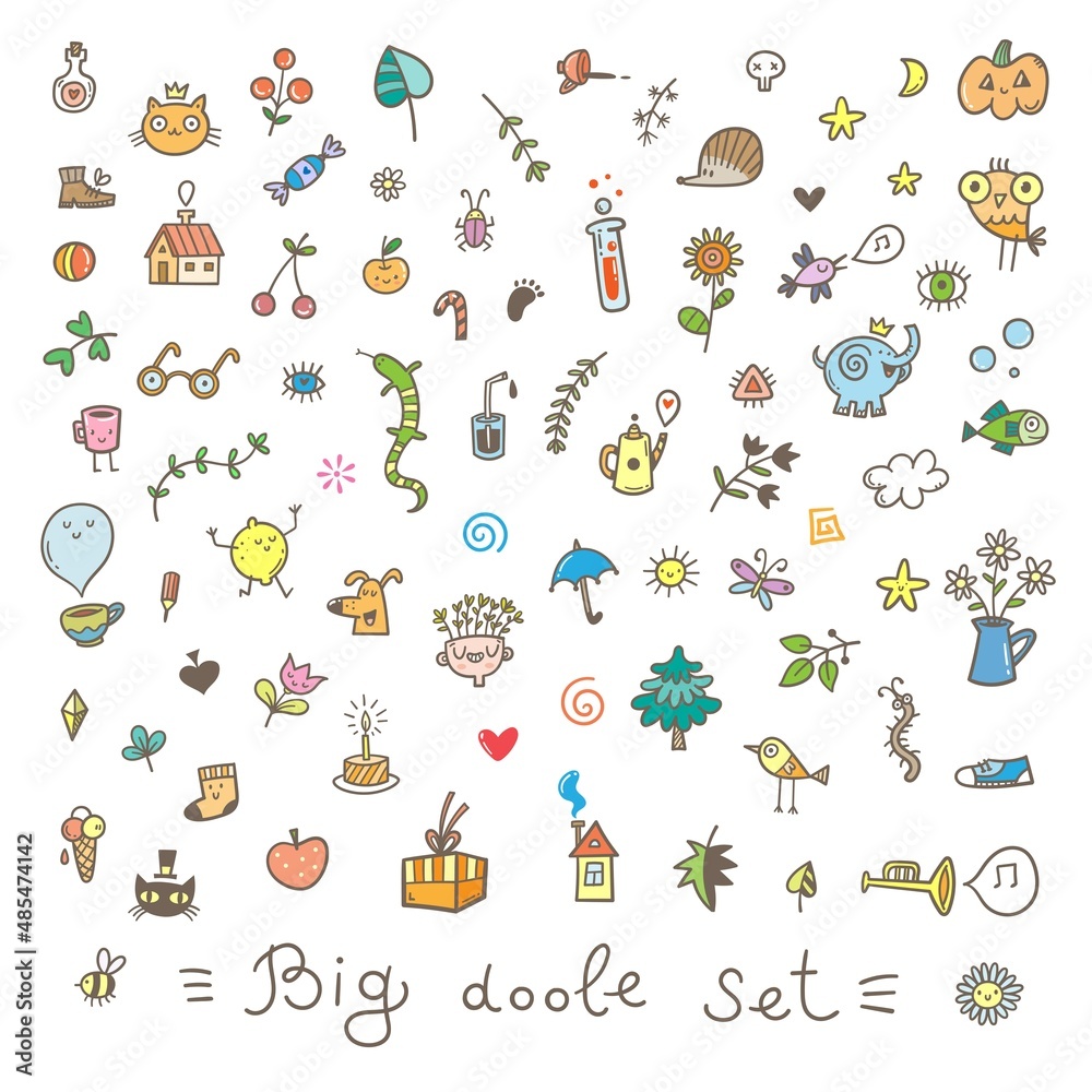 Doodle set with animals and objects. Cartoon collection of funny ...