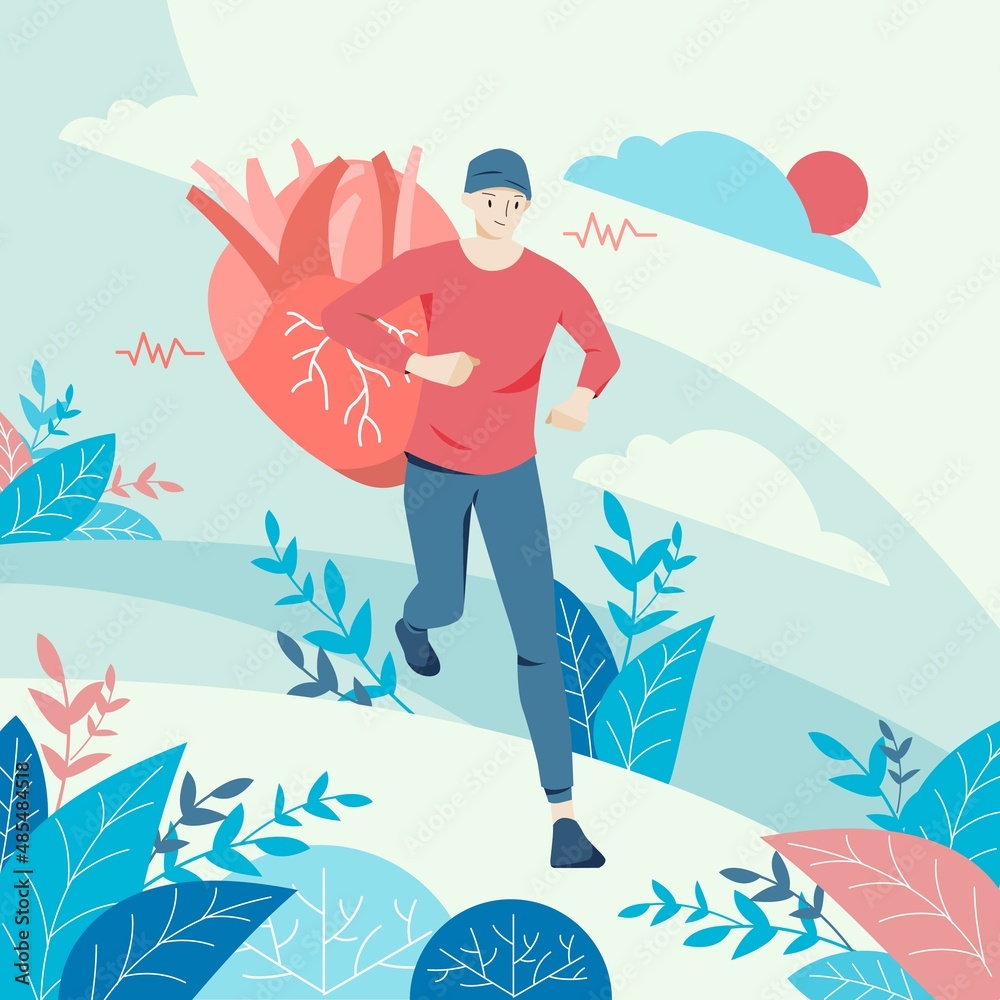 Man running character healthy lifestyle with heart cardiologist ...