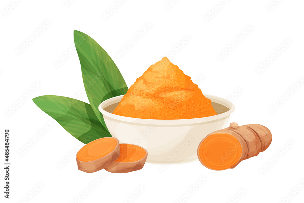 Turmeric, curcuma dry powder in bowl in cartoon style isolated on white ...