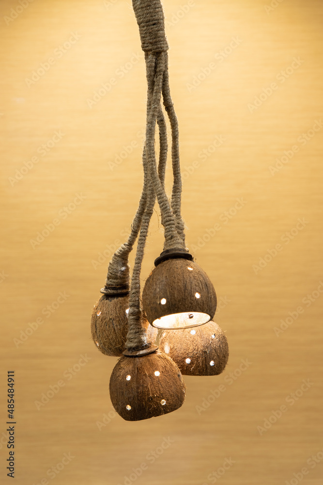 Electrical lights made from coconut shells on a floral background and ...
