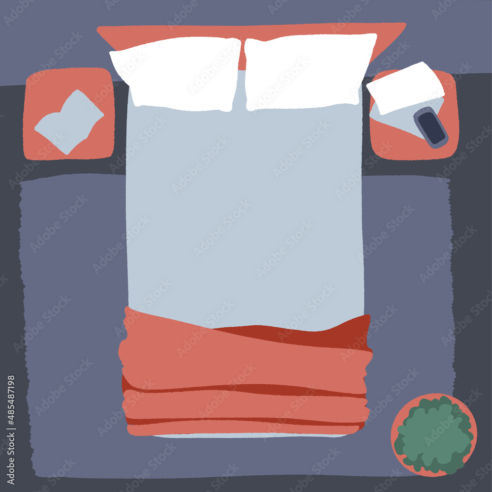 Bedroom with furniture overhead top view. Cozy double bed with interior ...