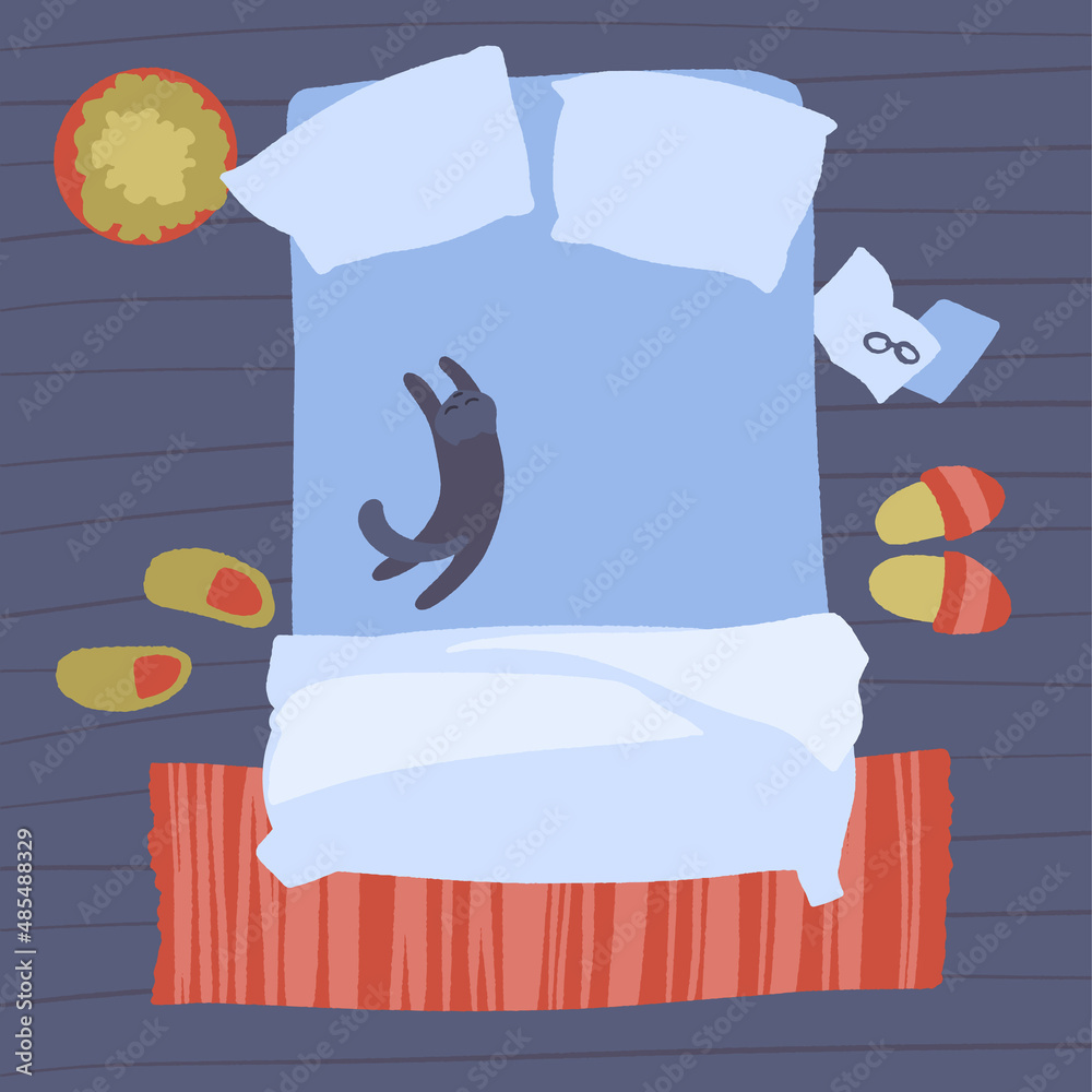 Bedroom with furniture overhead top view. Cozy double bed with interior ...