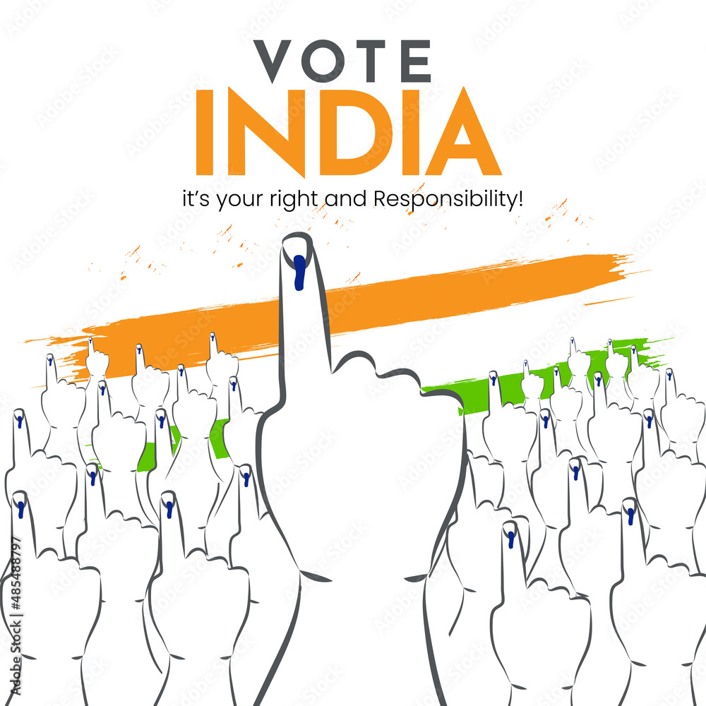 Crowd Of Indian Voters Showing Index Finger After Voting With Tricolor ...