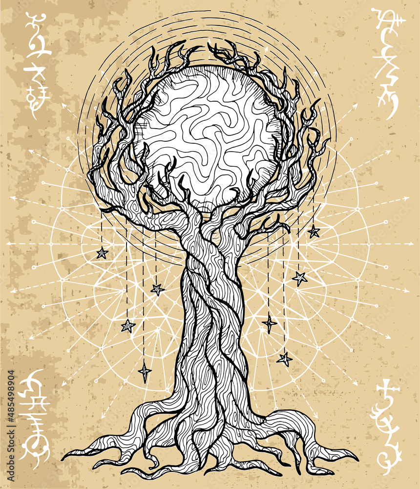 Mystic fantasy tree line art vector illustration with occult and ...