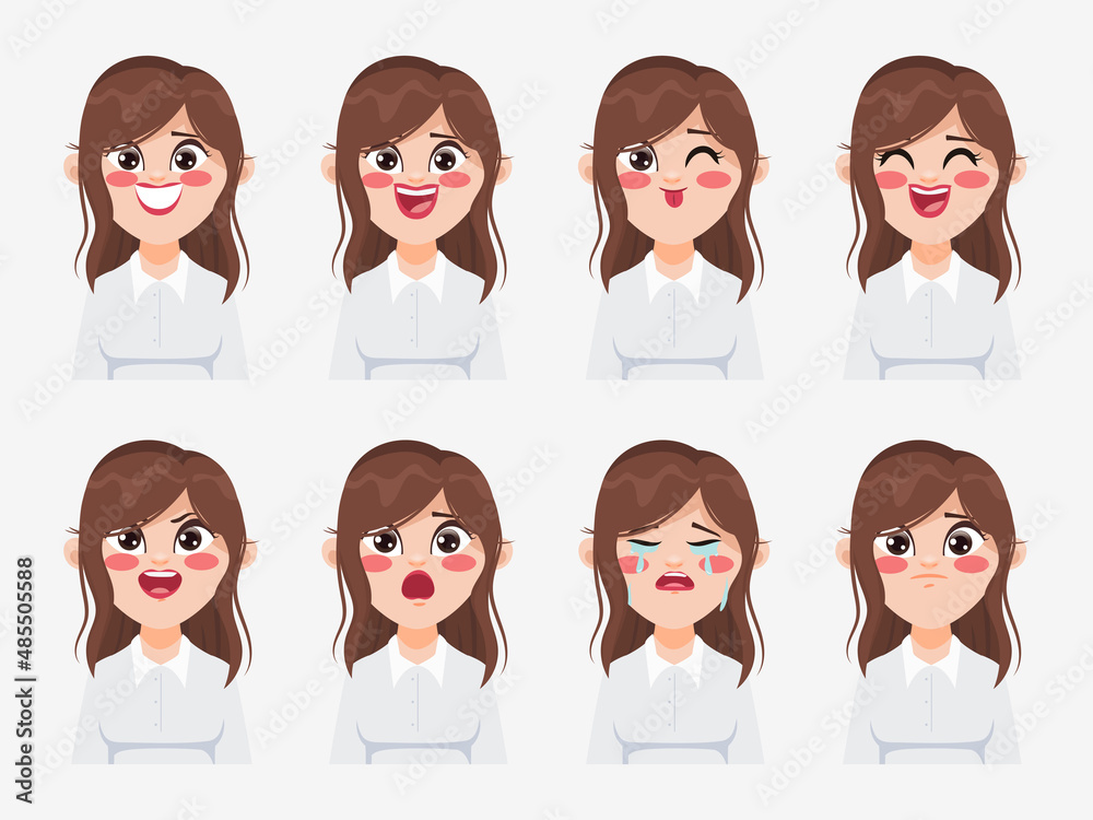 Character showing emotions face clip art beautiful woman in white shirt ...
