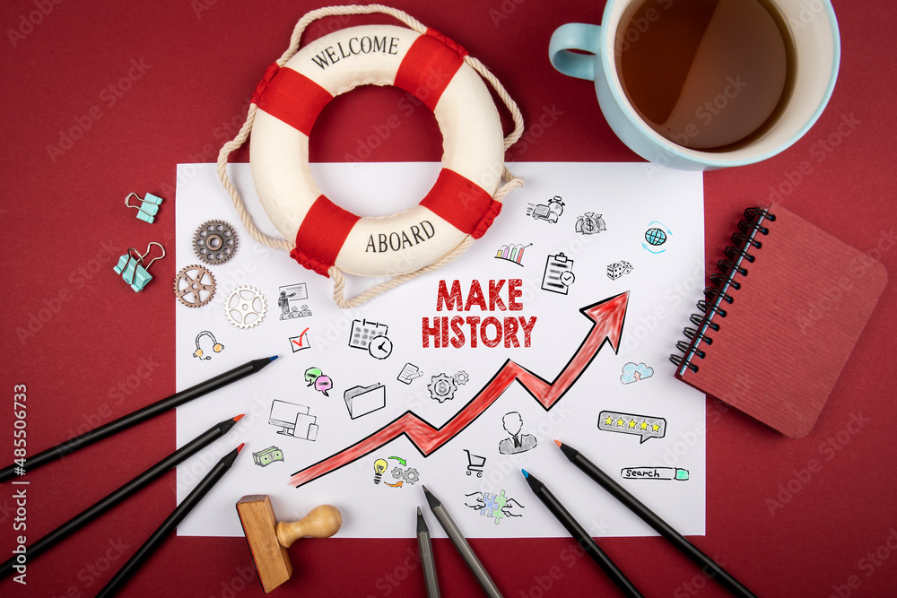 Make History. Development curve in the notebook. Red office desk Stock ...