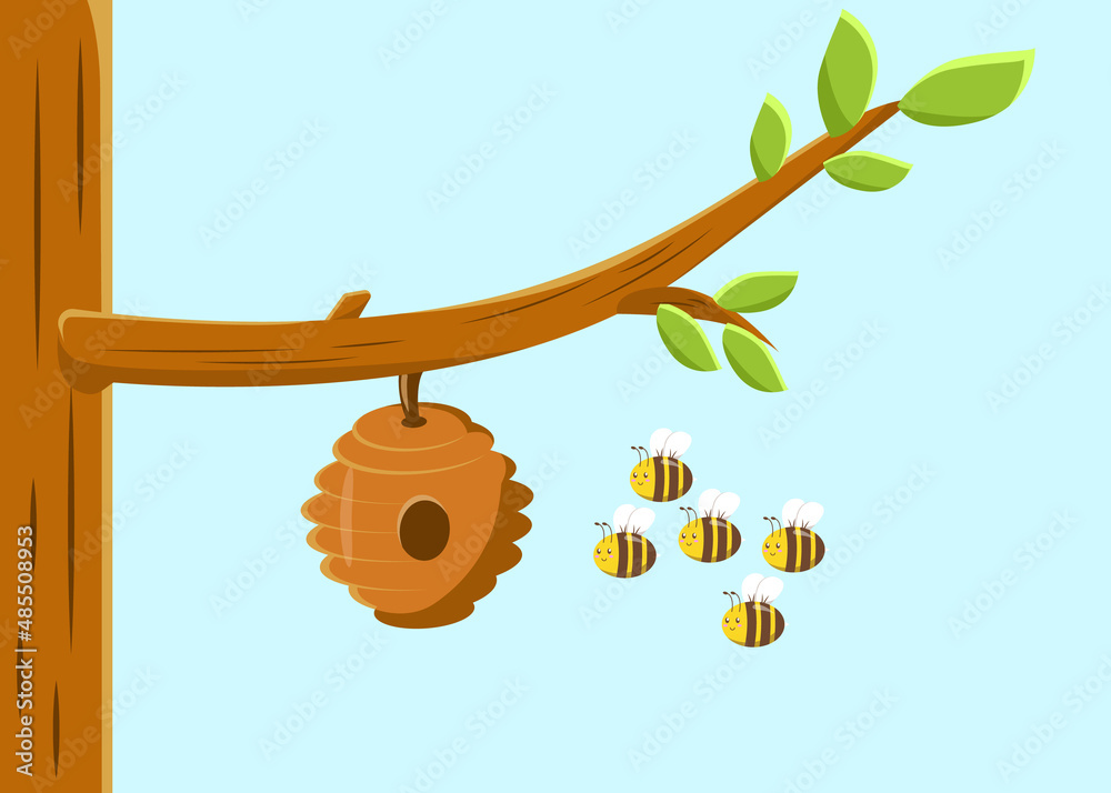 bees come to the beehive honeycomb hanging on the tree cartoon vector ...