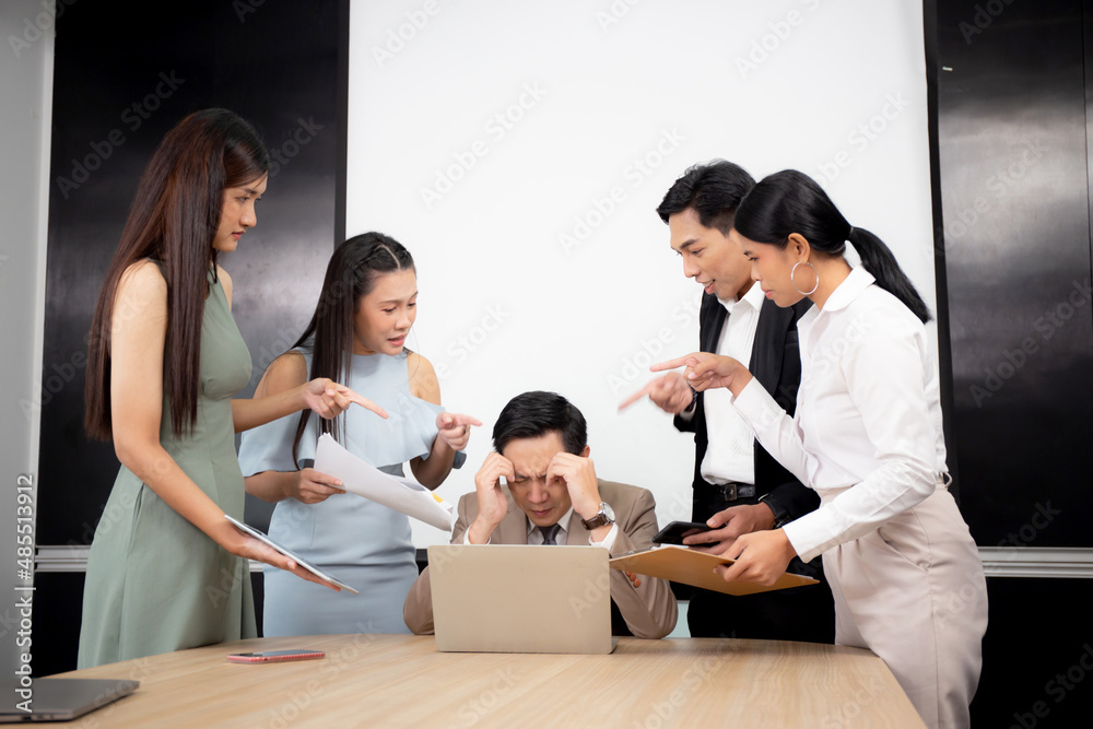 Employee angry and bullying boss while stress and pressure at the ...