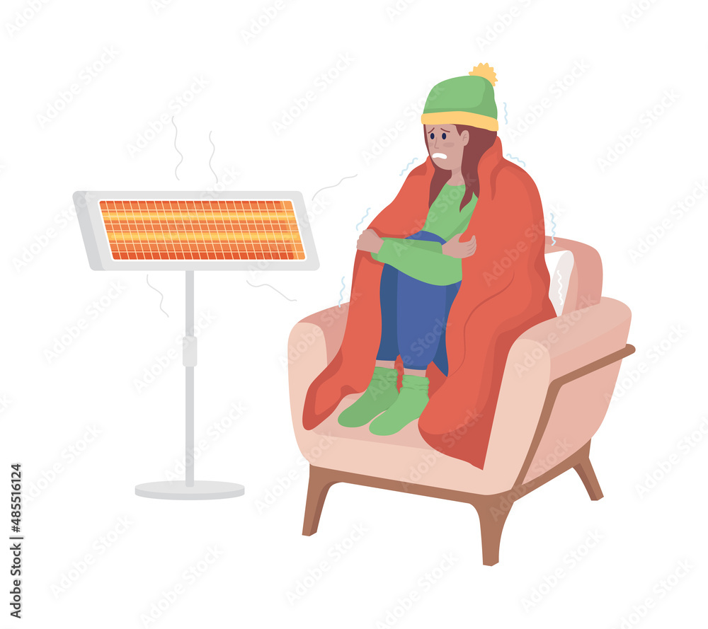 Cold girl at heater lamp semi flat color vector character. Sitting ...