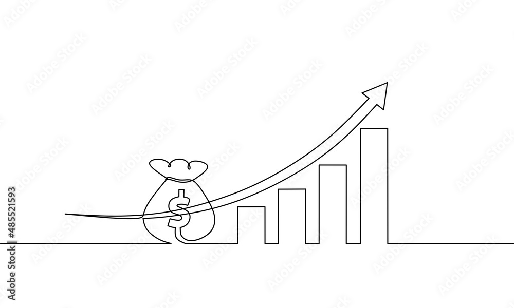 Continuous line drawing of arrow, money bag and growth graph, bar chart ...