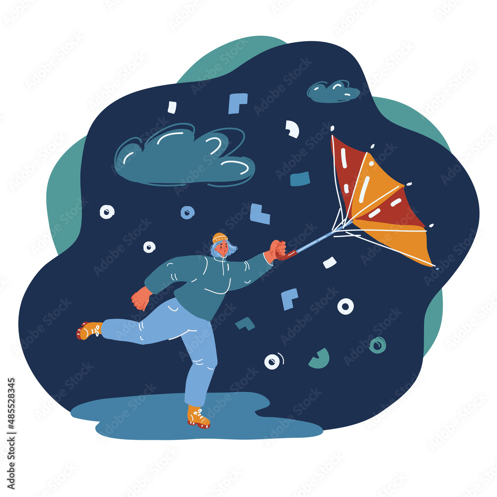 Cartoon vector illustration of Woman with umbrella caught in gust of ...