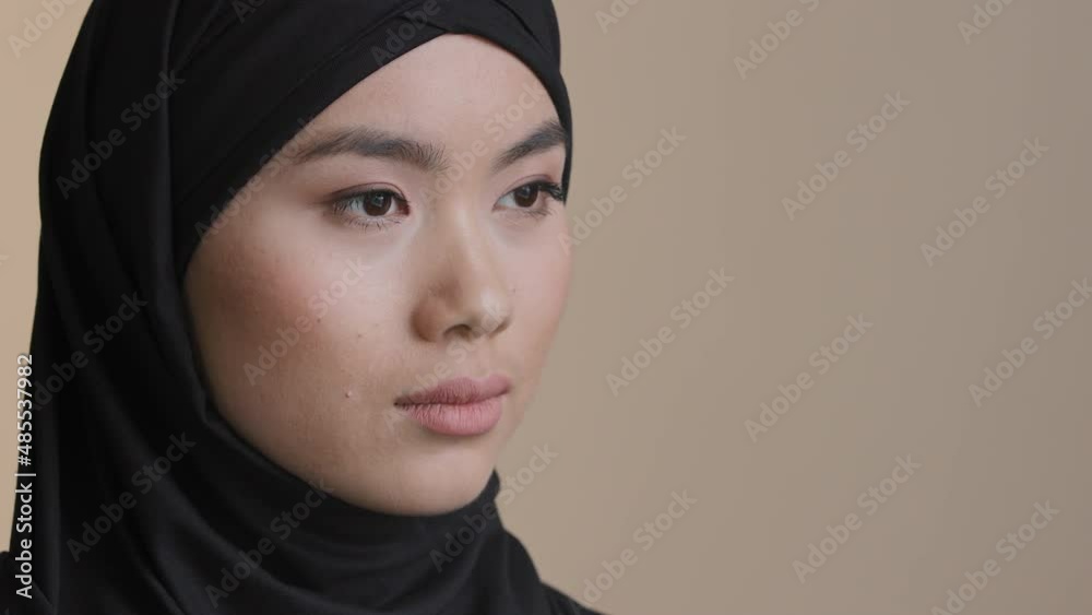 Female Portrait Islamic Woman Wear Black Hijab Oriental Girl In Mourning Widow Muslim Lady In