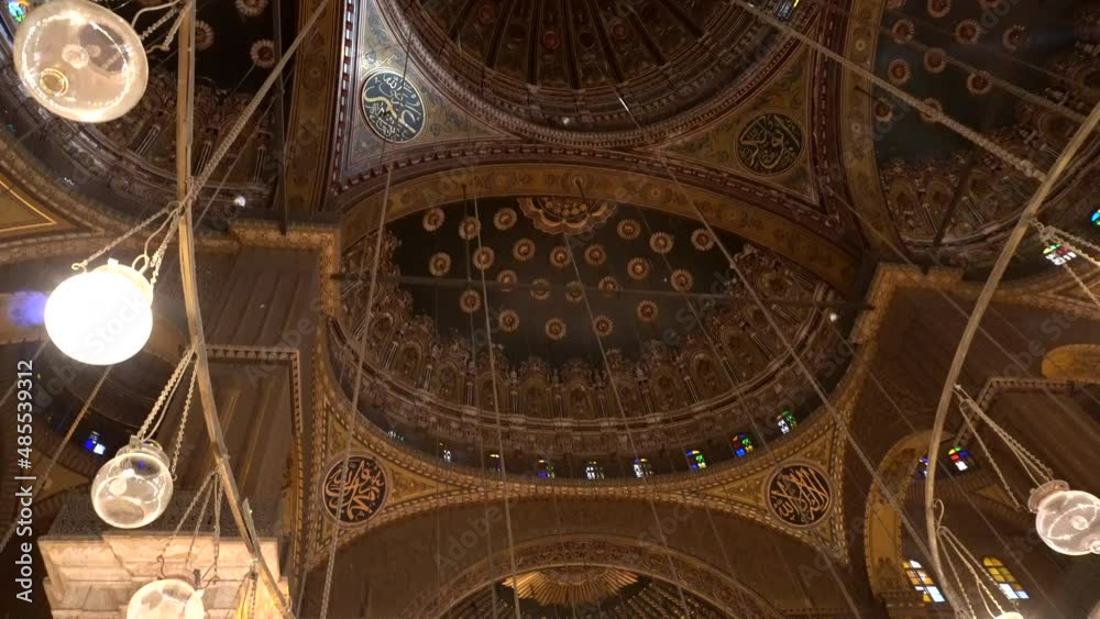 Mosque of Muhammad Ali interior illuminated chandelier ceiling with ...