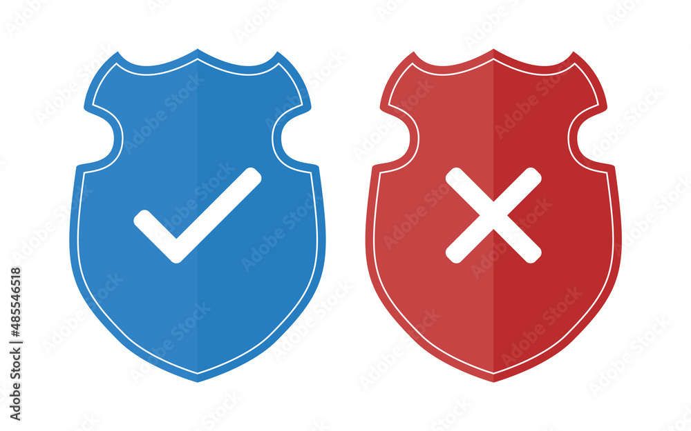 blue and red colored shield icons with check mark and cross sign on ...