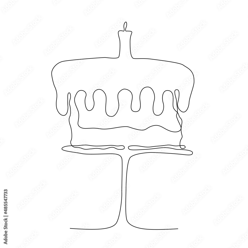 Continuous line drawing of cake with candle. A Birthday cake is drawn ...