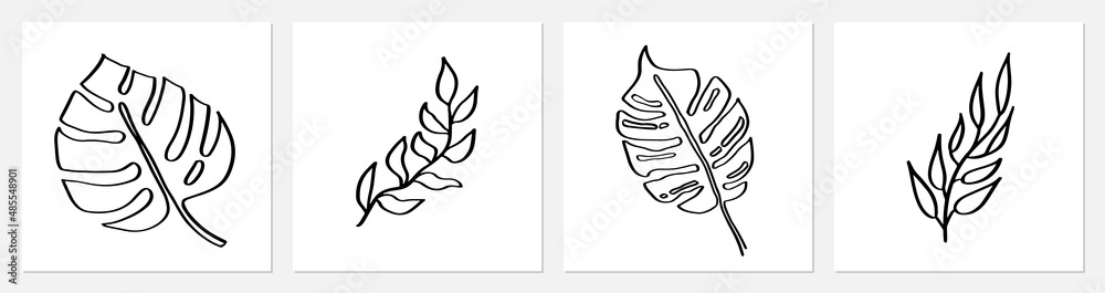 One line tropical palm tree leaves. Modern single line art leaf drawing ...