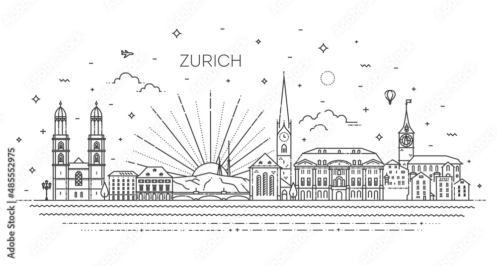 Zurich, Switzerland. Line Art Vector illustration with all famous ...